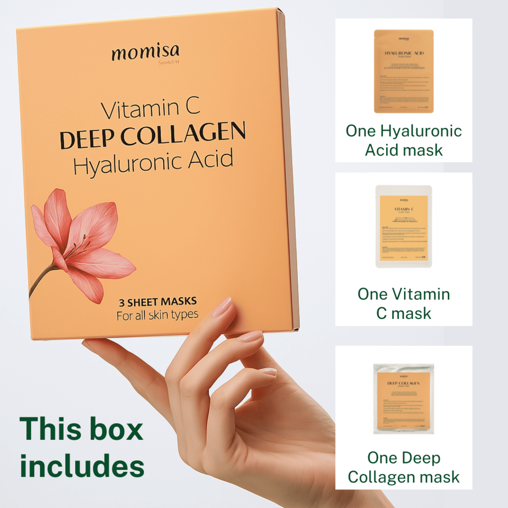 Momisa Glow Box: Deep Collagen, Vitamin C & Hyaluronic Acid Masks Set
